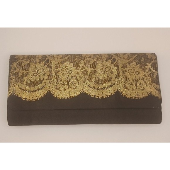 Avon | Bags | Avon Ultimate Clutch Purse Black Gold Glitter Lace Print ...